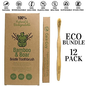 Gaia Guy Natural Bristle Bamboo Toothbrush with Boar Bristles - Totally Biodegradable and Compostable - No Nylon Toothbrushes - Zero Waste 12-Pack