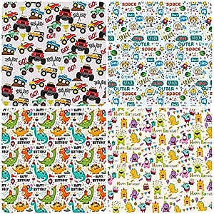 PlandRichW Birthday Wrapping Paper for Boys,Baby,Kids.Gift Wrapping Paper Includes Dinosaur Monster Truck Astronaut 4 Cute styles for Baby Shower Party Holiday.12 Sheets Folded Flat 20" X 29"
