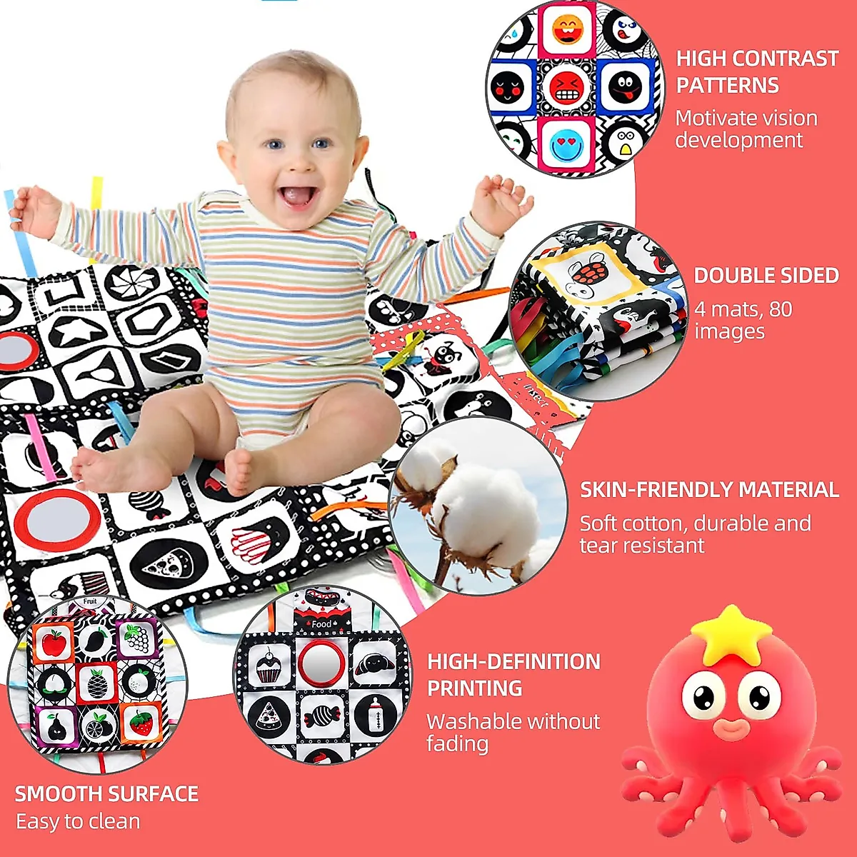 ONTODEX Baby Toys 0-6 Months, 4-in-1 Infant Tummy Time Mat, Newborn Black and White High Contrast Toddler Sensory Activity Play Mat with Mirror, Teethers, Rattles