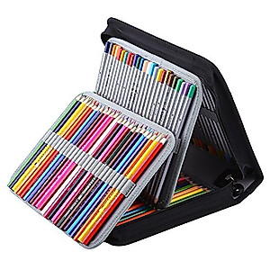 Yosoo 150 Slots PU Leather Fabric Pencil Case Large Capacity Zippered Pen Bag Pouch With Handle S Multi-Layer Art Pencils Storage Organizer Stationary Case, Black