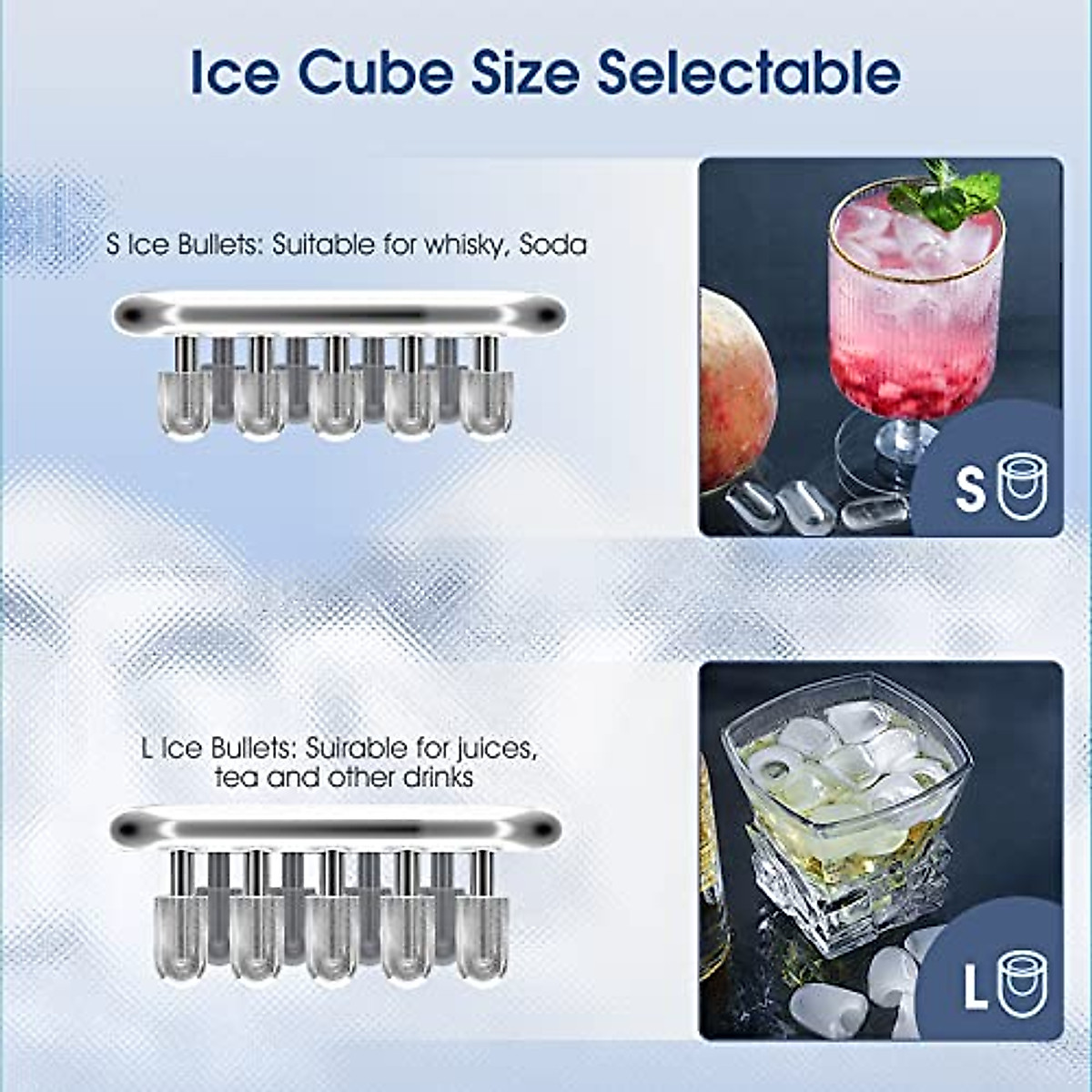 Ice Makers Countertop, Portable Ice Maker, 26lbs/24Hrs 9 Bullet Ice Cubes Ready in 7 Mins, Self-Cleaning Function, L&S Size, with Ice Scoop and Basket, Perfect for Party, Silver