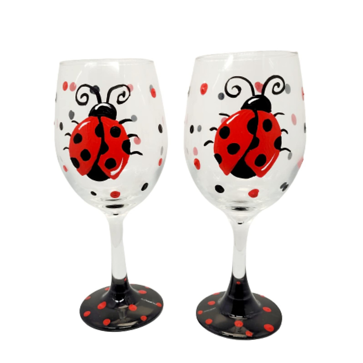 Ladybug Hand Painted Stemmed Wine Glasses Set of 2