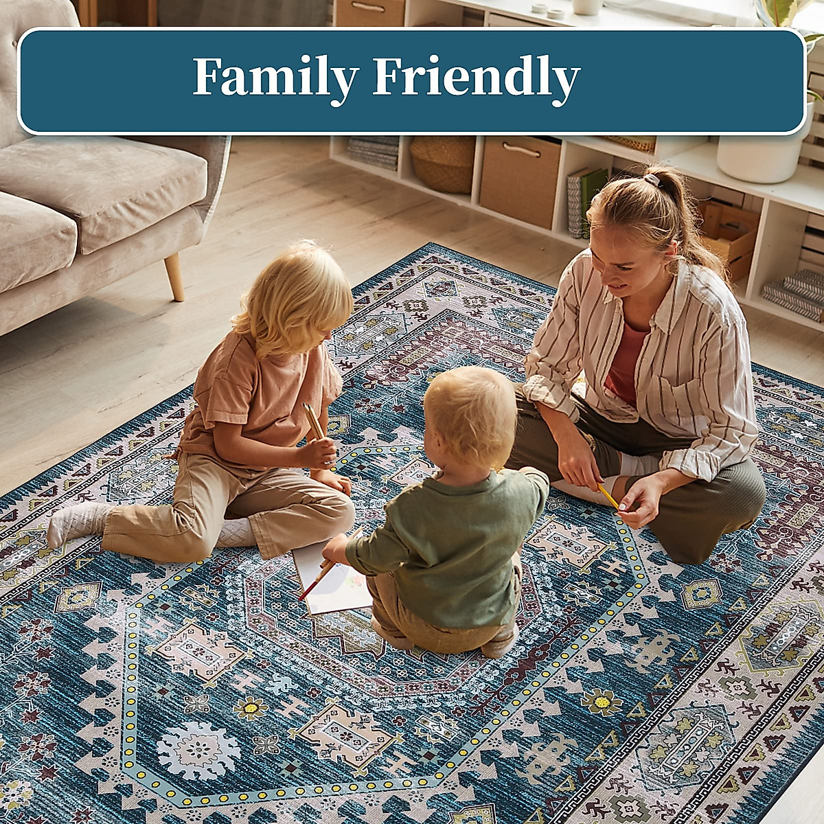 RUGSREAL Washable Area Rug 9x12 Large Blue Rug Vintage Area Rug, Easy-Cleaning, Non Shedding, Perfect for Living Room Bedroom Dining Room Soft Accent Rug Farmhouse Office,9x12