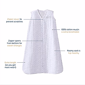 HALO Sleepsack, 100% Cotton Muslin Wearable Blanket, Swaddle Transition Sleeping Bag, TOG 0.5, Grey Open Circles, Medium, 6-12 Months