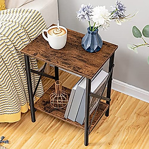 MAHANCRIS Small Side Table, 2-Tier Narrow End Table with Storage, X-Shaped Narrow Nightstand, Bedside Table for Small Spaces, Steel Frame, Living Room, Bedroom, Easy Assembly, Rustic Brown ETHR2801Z