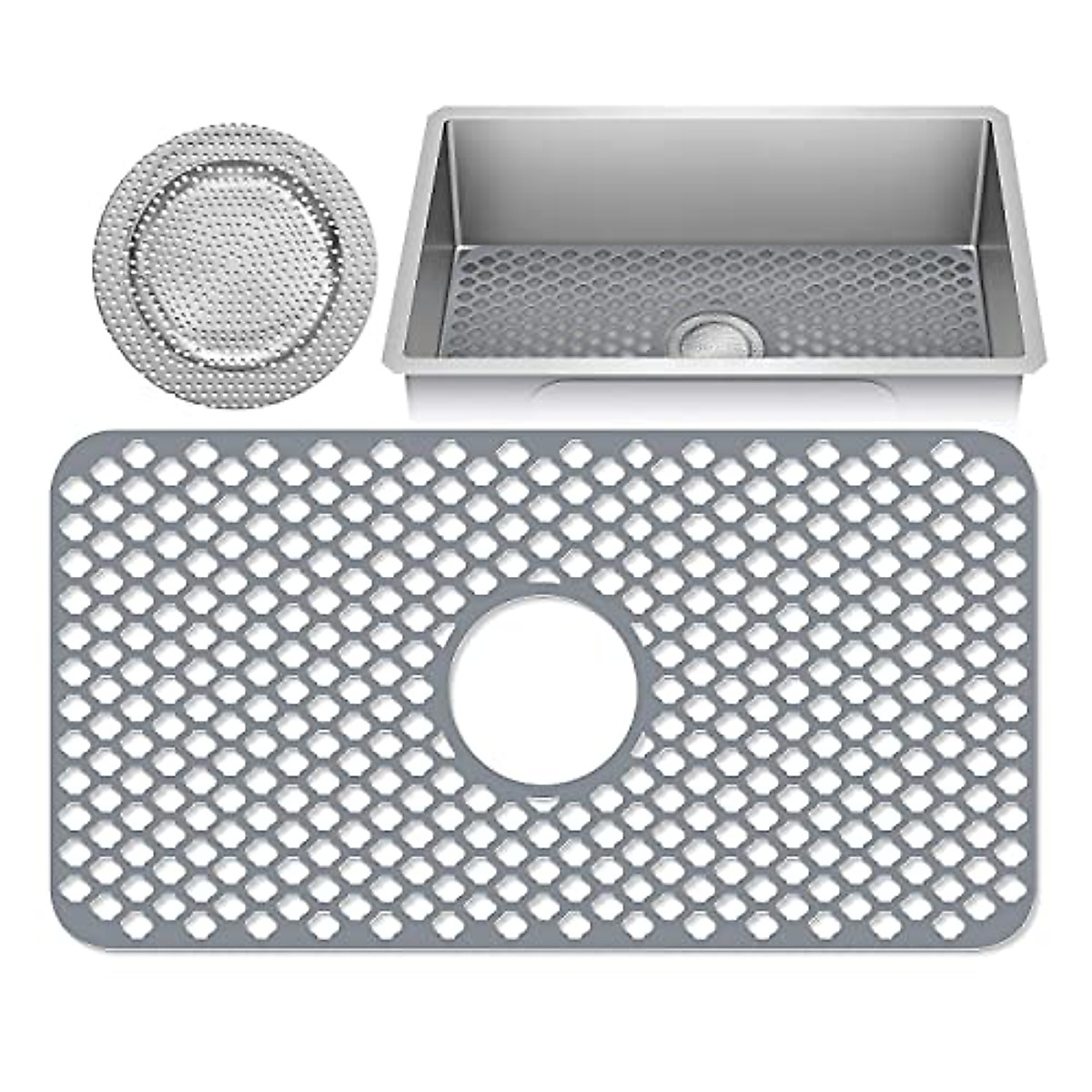 Silicone Sink Protectors for Kitchen, Sink Mat Grid for Bottom of Farmhouse Stainless Steel Porcelain Sink with Center Drain 26''x 14'' (Gray, 26x14in)
