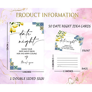 Blue Tiles and Lemons Date Night Game, Date Night Ideas Sign with 50 Cards, Bridal Shower Game, Modern Bridal Shower Decorations, Wedding Date Night Advice - 02