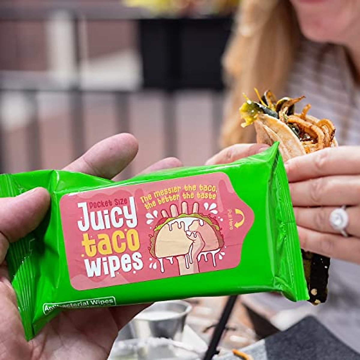 Juicy Taco Wipes - Funny Taco Gifts for Adults - Novelty Travel Hand Wipes - Pocket Moist Towelettes for Taco Lovers Gifts - Resealable 15 Count Pack
