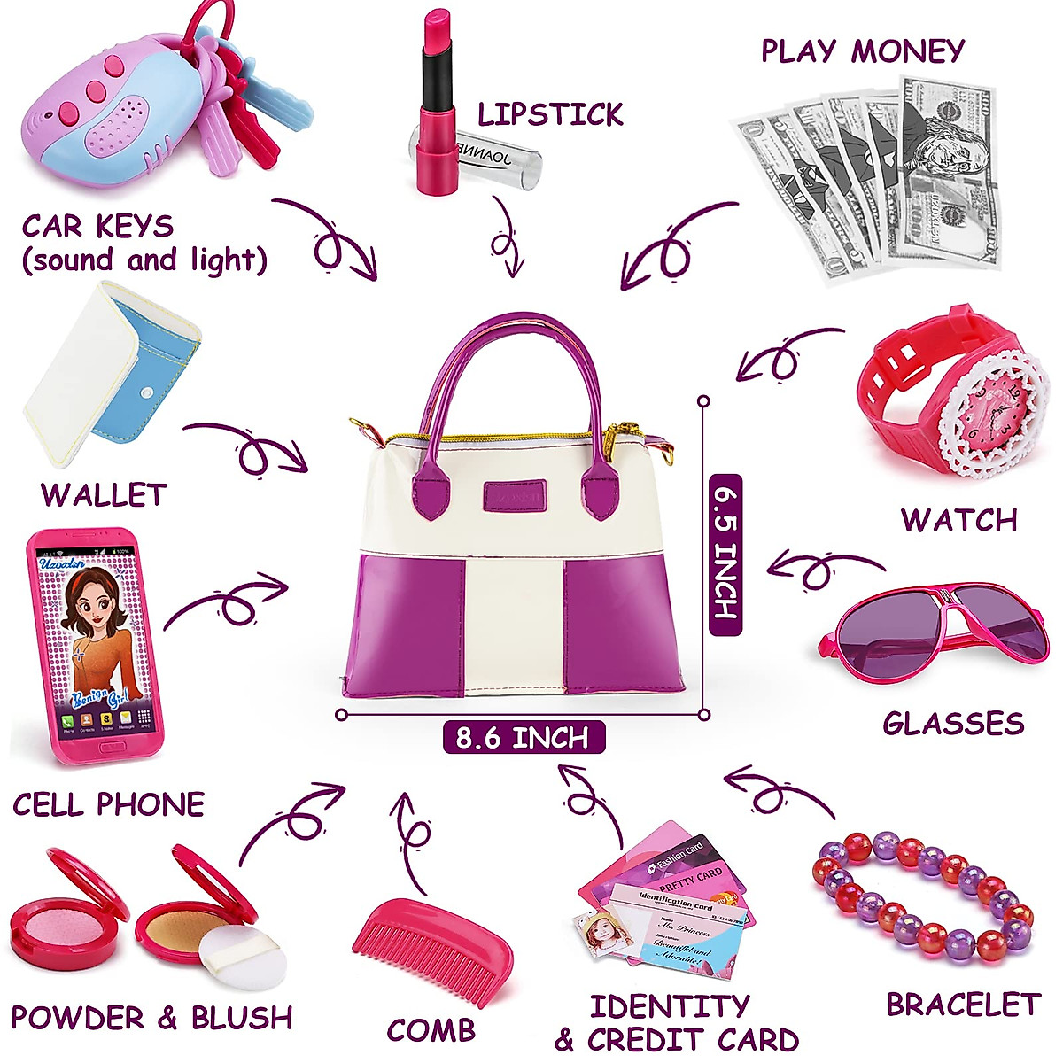 21 Pcs Pretend Purse for Little Girls, My First Play Purses Toy Set for Princess with Handbag, Accessories, Make up Toys, Birthday for Baby Toddler Kid Girl Ages 1 2 3 4 5 6 7 8 Years Old