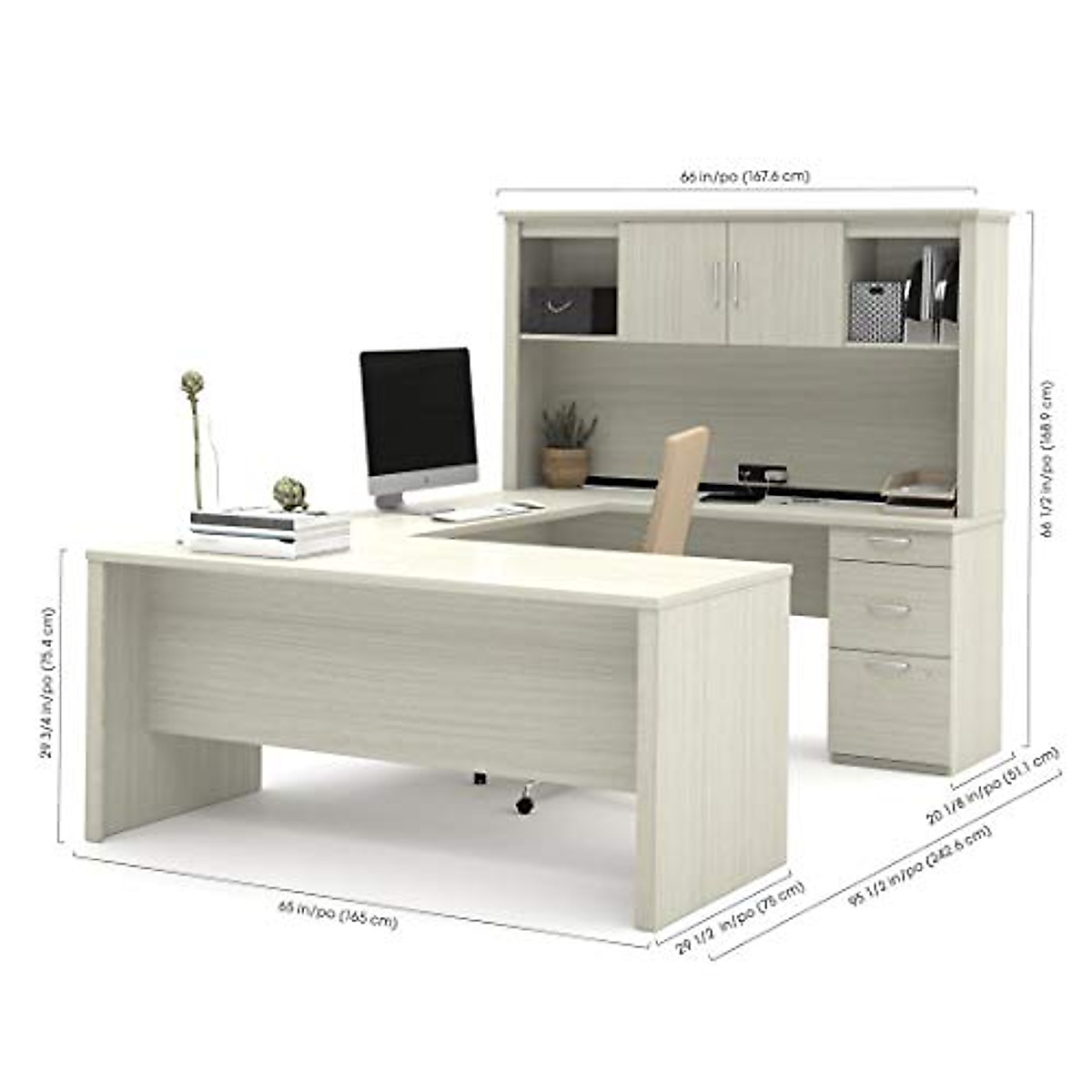 Bestar Logan U-Shaped Desk with Hutch, Lateral File Cabinet, and Bookcase, 66W, White Chocolate