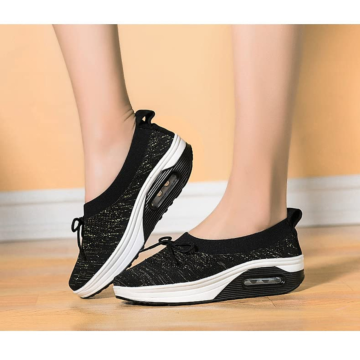 GUTZBSY Women's Orthopedic Sneakers,Casual Bowknot Mesh Shoes,Women's Cushion Slip-On Walking Shoes,Wedge Sneakers for Women (Black,7)