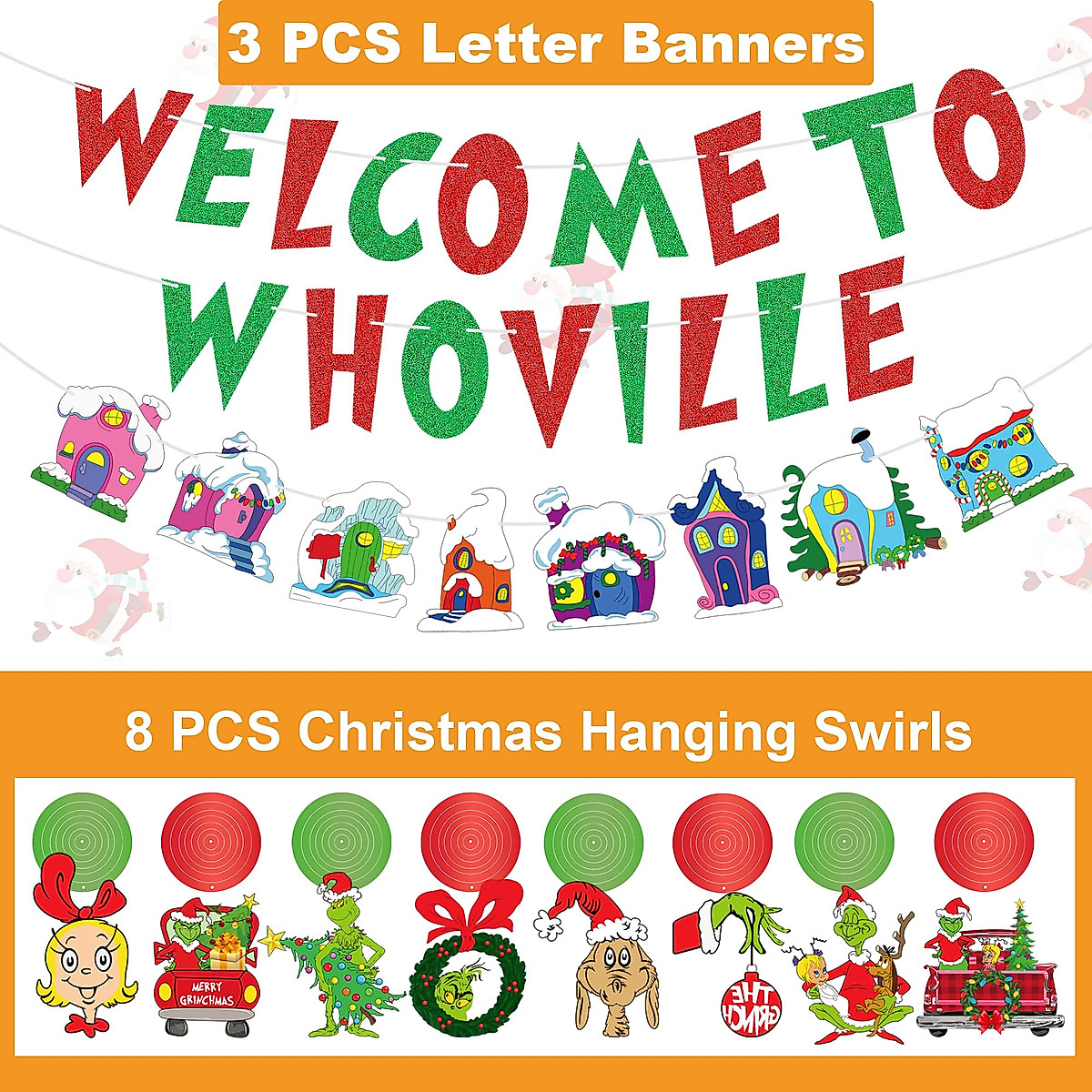 Welcome To Whoville Banner with Christmas Hanging Swirls Party Decorations, Red and Green Glitter Letter Banner Xmas Hanging Swirls Decorations Welcome Party Supplies Decorations