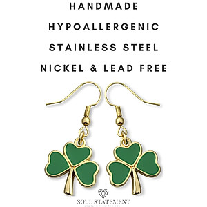 Shamrock Green Dangle Earrings: Green Clover Dangling Earrings for Women - St Patrick's Day Accessories (Gold)