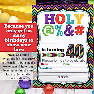 HOLY @% 40th Birthday Party Invitations, 20 Funny 5x7 Fill In Cards with Twenty White Envelopes for Milestone Birthdays by AmandaCreation