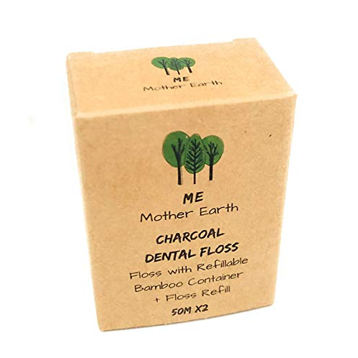 Vegan Biodegradable Bamboo Charcoal Dental Floss with Refillable Bamboo Container | Free Refill | Natural Candelilla Wax | 55yds x2 | Peppermint Essential Oil | Eco Friendly | Zero Waste Oral Care