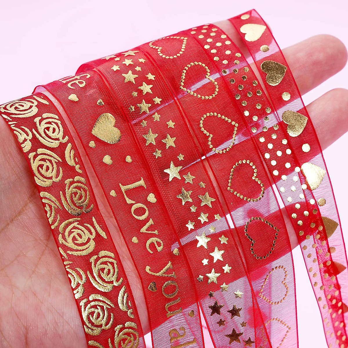 Yookat 6 Rolls Valentine's Day Ribbon Printed Heart Ribbons Mother's Day Ribbon for Valentine's Day Mother's Day Wedding Gift Wrapping