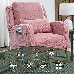 Gxcevsou Teddy Rocking Chair for Nursery, High Back Glider Rocker Upholstered Armchair with One Lumbar Pillow for Nursery, Comfy Armchair with Two Side Pockets for Living Room, Bedroom (Pink)