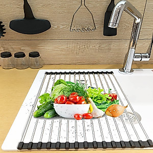AMZALIBA Roll up Over The Sink Dish Drying Rack Portable Stainless Steel Rolling Rack Kitchen Rolling Dish Drainer Foldable Dish Drying Rack for Kitchen Sink Counter (17.7''X11.8'')