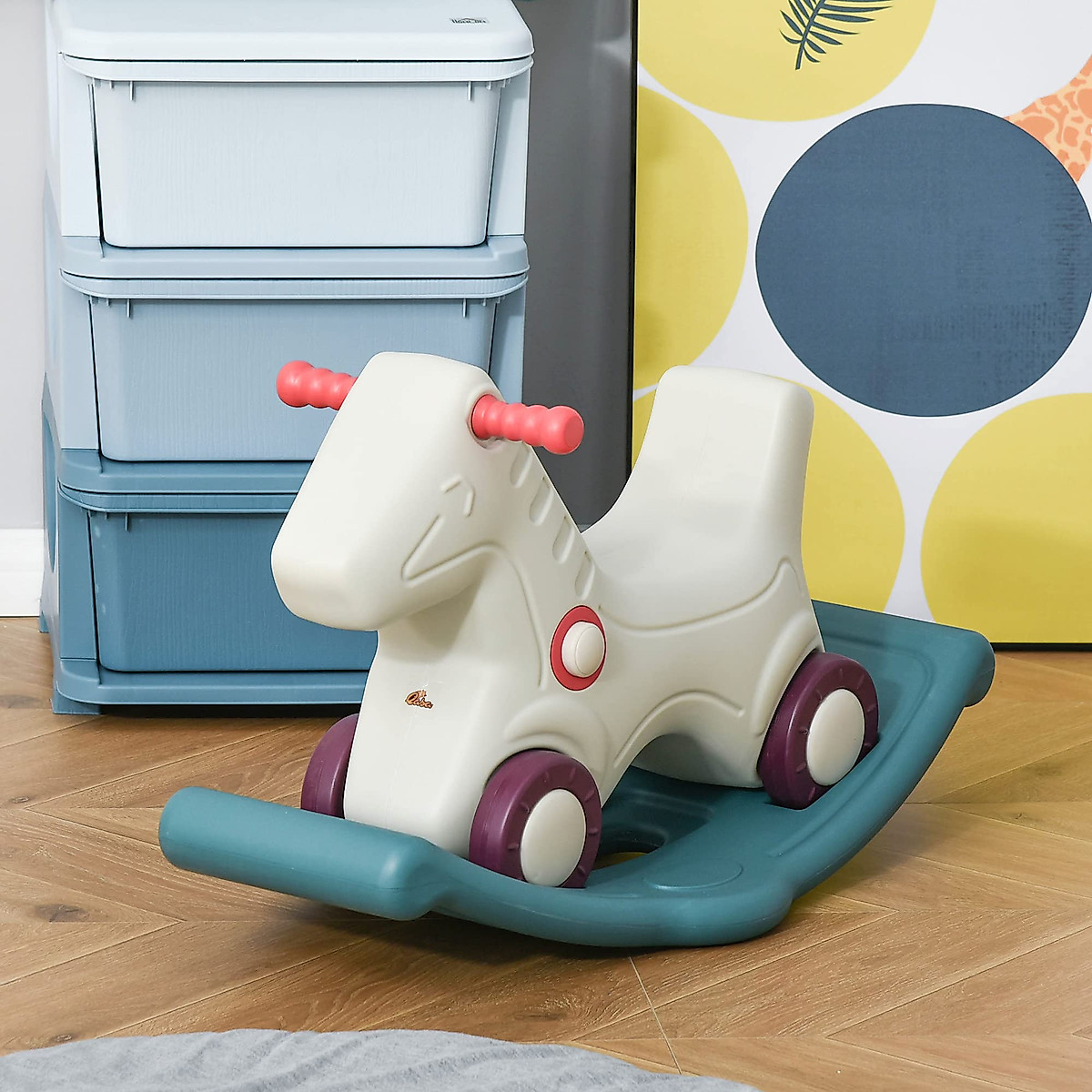 Qaba Kids 2 in 1 Rocking Horse & Sliding Car for Indoor & Outdoor Use w/Detachable Base, Wheels, Smooth Materials, Grey and Green