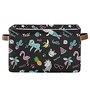 Large Foldable Storage Basket Unicorn Flamingo Toucan Cat Storage Bin Canvas Toys Box Fabric Decorative Collapsible Organizer Bag with Handles for Bedroom Home
