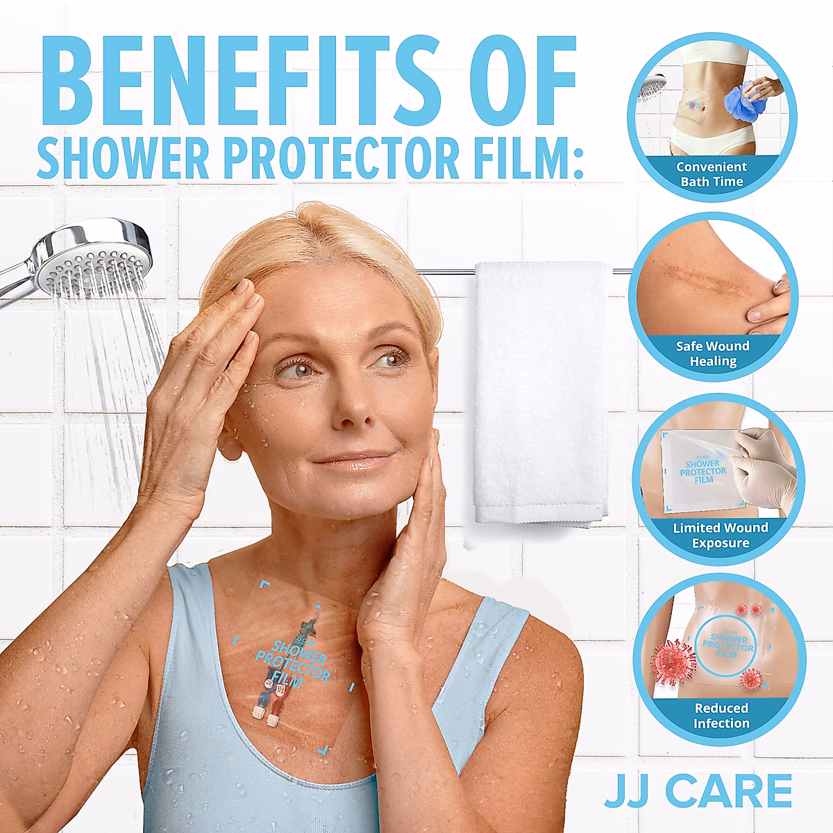 JJ CARE Shower Protector [Pack of 7], 9x9 Dialysis Catheter Shower Cover, PICC Line Water Barrier, Colostomy Shower Shields, Waterproof Bandage Protector, 1 Week Supply