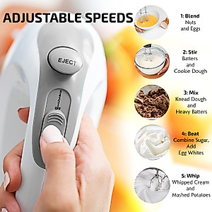 OVENTE Immersion Electric Hand Blender 300 Watt Power 2 Mix Speed with Stainless Steel Blades & Portable 5 Speed Mixing Electric Hand Mixer with Stainless Steel Whisk Beater Attachments