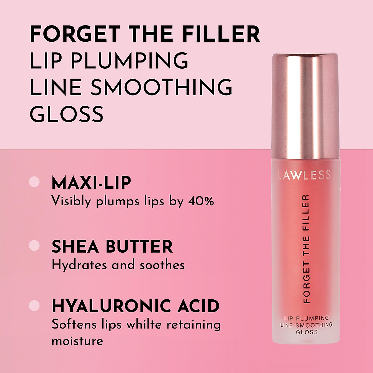 Lawless Forget the Filler Lip Plumping Line Smoothing Gloss - Cherry Vanilla - Premium Volumizing Lip Gloss with Natural Ingredients Designed to Plump, Firm, and Hydrate Lips 0.11 oz