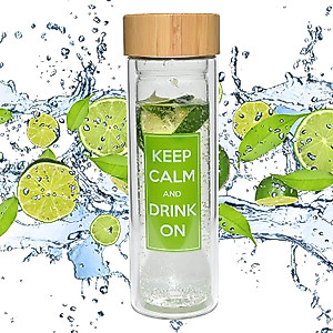 Harmony N More Best Infusion Water Bottle - Premium Fruit And Loose Leaf Tea Stainless Steel Infuser and Travel Tumbler - Double Walled Glass - No Leak Bamboo Lid - Insulating Sleeve