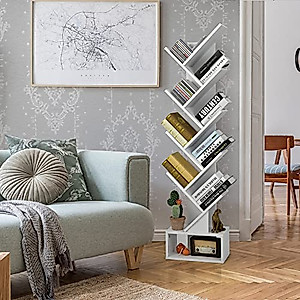 Giantex Tree Bookshelf with Drawer, 10 Shelf Space Saving White Wooden Bookcase, Freestanding Retro Wood Storage Rack, Decorative Bookshelf with Storage