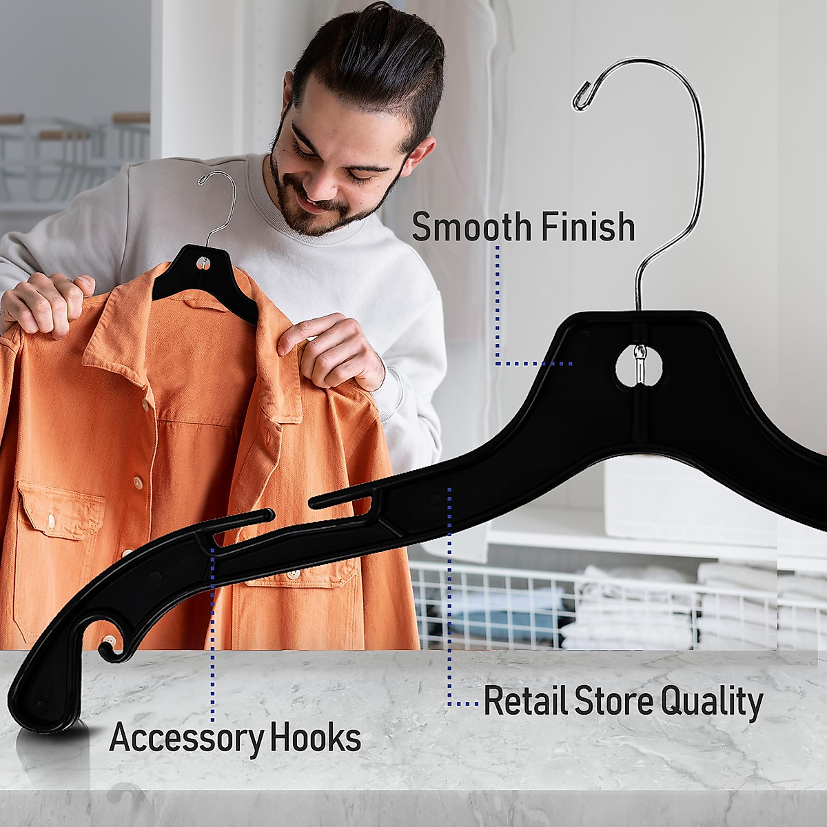 Victory Display Heavy Duty Hangers for Clothes (25-Pack), Black Hangers, 17in Wide Black Plastic Hangers, Coat Hanger with Swivel Hook & Notched Shoulders, Clothing Hangers, Heavy Duty Clothes Hangers