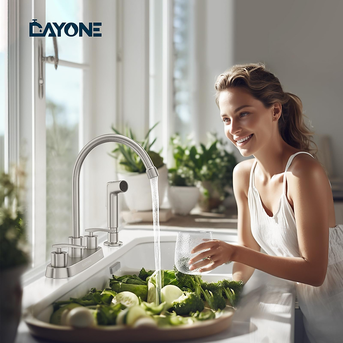 DAYONE Kitchen Faucet with Side Sprayer 2 Handle Brushed Nickel, 8 Inches 4 Holes Centerset Kitchen Sink Faucet, Pull Out Stainless Steel Sink Faucets for RV Laundry Bar with Supply Lines, DAY-CR2001