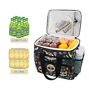 ALAZA Mexico Sugar Skull Cat Floral Large Cooler Insulated Picnic Bag Lunch Box for Adult Men Women