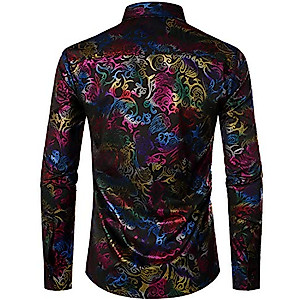 ZEROYAA Men's Luxury Prom Design Slim Fit Long Sleeve Button up Party Dress Shirts ZZCL48 Black Multicolored Large