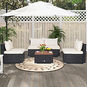 Tangkula 5 Piece Outdoor Patio Furniture Set, Patiojoy PE Wicker Conversation Set with Solid Acacia Wood Tabletop and Soft Cushions, Patio Sectional Sofa Furniture Set for Garden, Poolside (Off White)