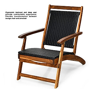 2PCS Outdoor Patio Folding PE Rattan Lounge Chair Chaise Lounge Deck Chair Recliner Sunbathing Bed Retractable Footrest Flexible Transformation Between Lounge Chair to Armchair Ergonomic Backrest