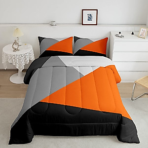 Orange And Gray Comforter Set Queen Patchwork Geometric Triangle Bedding Set Orange Black Light Grey Down Comforter For Kids Adults Modern Simple Abstract Geometry Quilt Duvet Insert 2 Pillow Cases