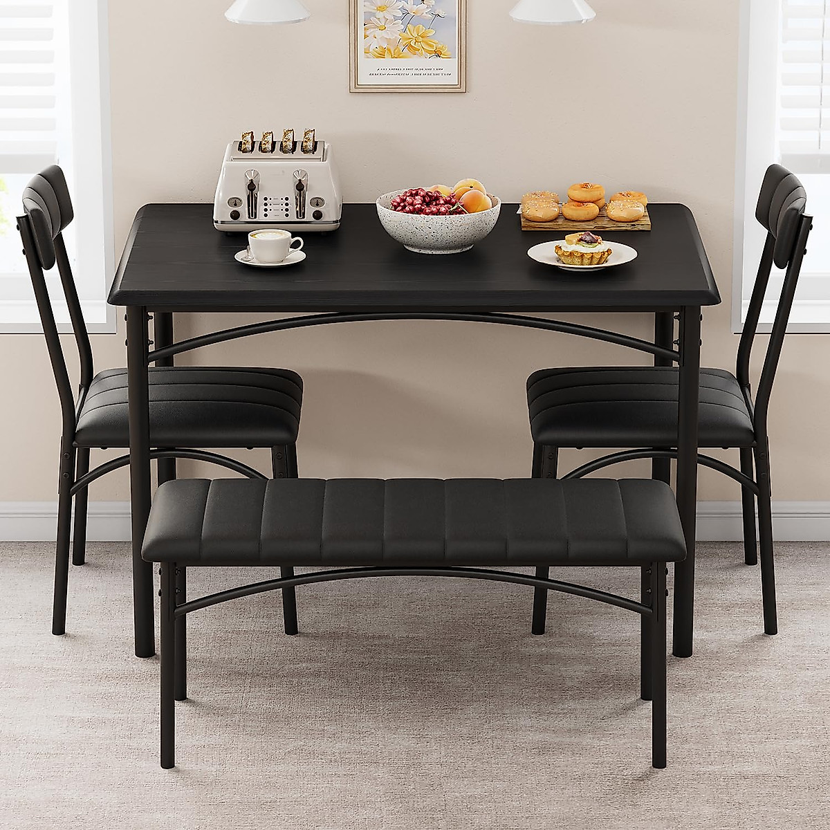 GAOMON Dining Table Set for 4, Kitchen Table with Upholstered Chairs and Bench, 4-Person Dining Room Table Set, Rectangular Kitchen Table Set for Small Space, Apartment, Home, Studio, Rustic Black