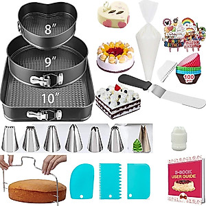 Springform cake pan 8"Heart-shaped & 9"Round &10"Square pan (3 Shaped of Pans)Sets for Baking,Cake Decorating Supplies,Icing Tips, Piping Bag Couplers