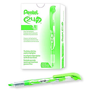 Pentel 24/7 Chisel Tip Liquid Highlighter, Light Green Ink, Box of 12 (SL12-K)