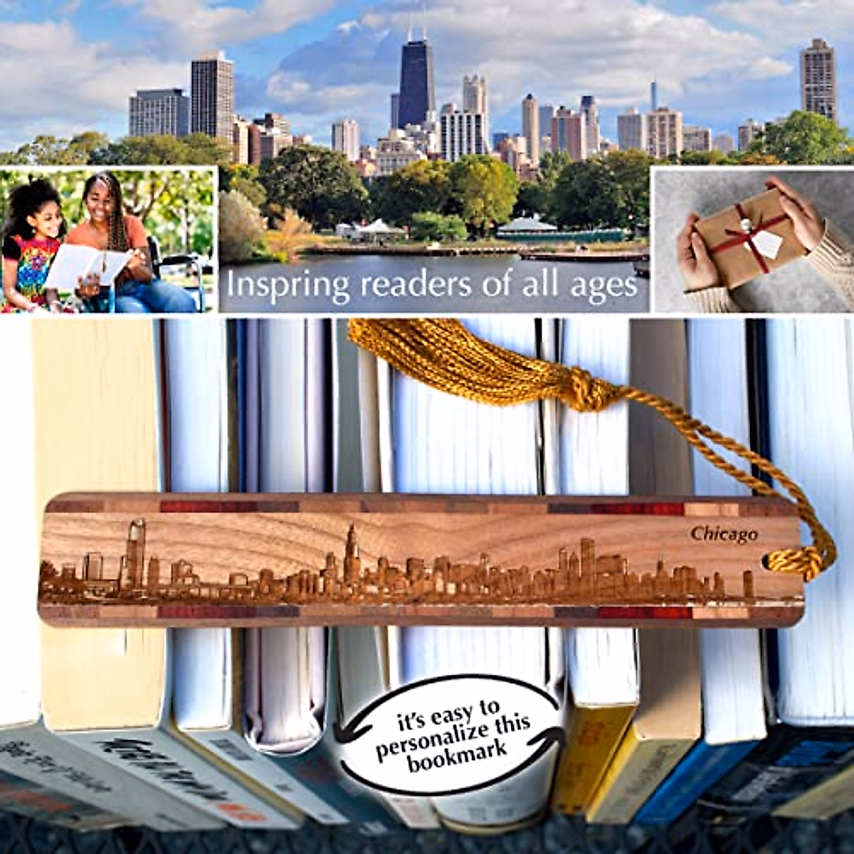 Chicago Illinois Skyline Engraved Wooden Bookmark with Tassel - Made in USA - Also Available Personalized