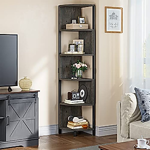 YITAHOME 6-Tier Corner Shelf, 68.8" Tall Industrial Free Standing Corner Bookshelf, 6 Shelf Display Corner Bookcase Open Small Book Shelves for Bedroom, Living Room, Small Space, Charcoal Gray + Black
