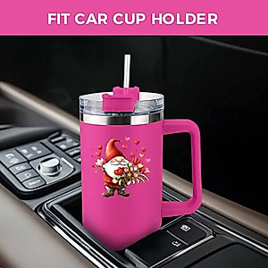 LB LEOBON 40 ounce insulated cup with handle, double-layer vacuum stainless steel material, equipped with straw, can keep warm or maintain cold drinks Red Love Gnome E Bright pink