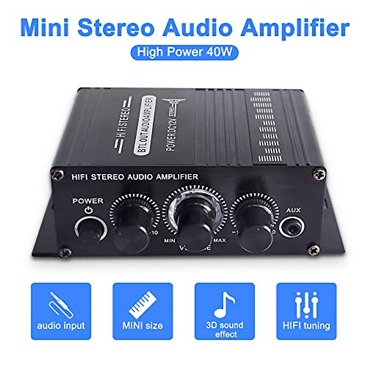 XMSJSIY 12V HiFi Stereo Audio Amplifier for Car 2 Channel HiFi Bass Audio Subwoofer Amp for Cars CD DVD MP3 Player Speakers