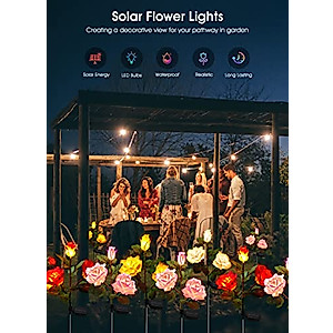 Solar Garden Lights - 4 Pack LED Solar Flower Lights with Larger & More Realistic Rose Flowers, Bigger Solar Panel, Waterproof Solar Outdoor Lights for Yard Patio Lawn Pathway Walkway Decoration