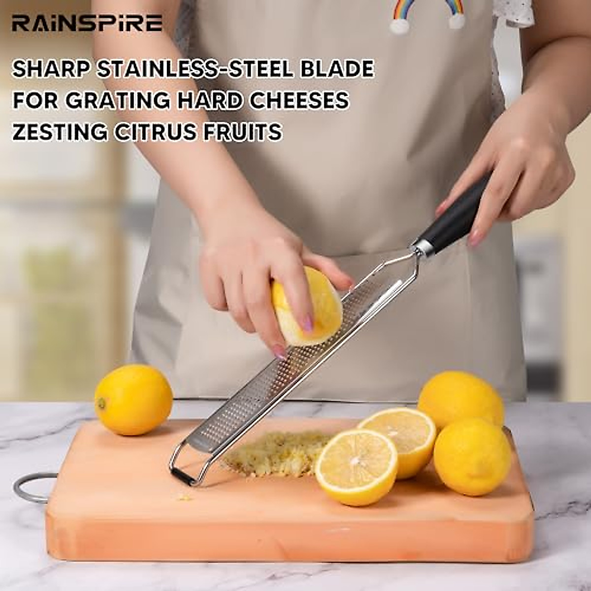Rainspire Zester Grater with Handle, Lemon Zester Cheese Grater for Kitchen Stainless Steel, Parmesan Cheese Garlic Nutmeg Chocolate Fruits Vegetables Ginger Grater, Fine, Black