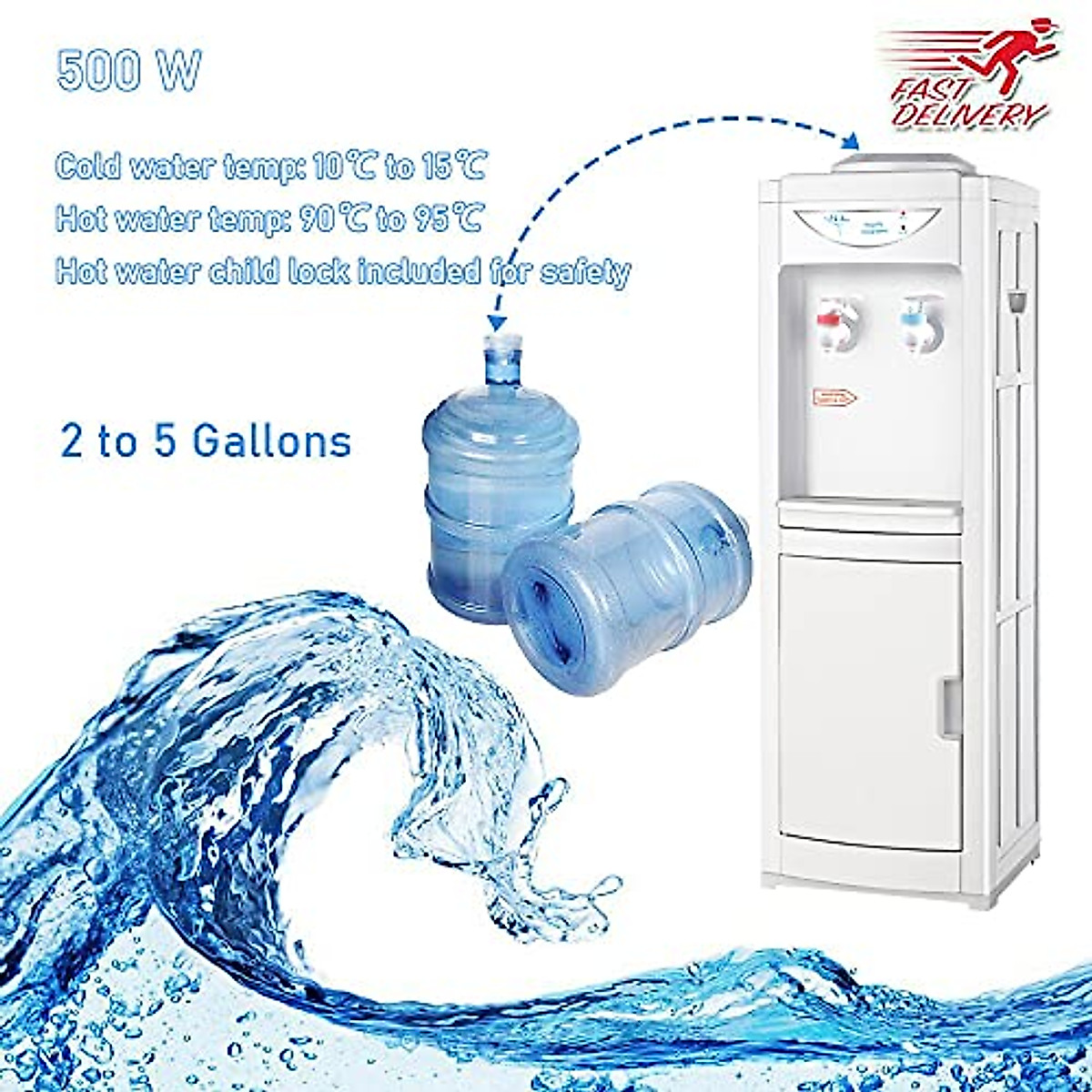 RICA-J Water Dispenser, 5 Gallon Top Loading Water Cooler, Plastic Water Cooler Dispenser with Child Safety Lock & Cabinet, White (RJVWD02AEWT)