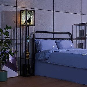 JITHCG Deer with Antlers Posing Forest Silhouettes of Tree Magical Misty Standing Lamp with Shelves Flaxen Fabric Shade Floor Lamp Tall lamp Corner Bedside Lamp for Living Room Bedroom Aesthetic Decor