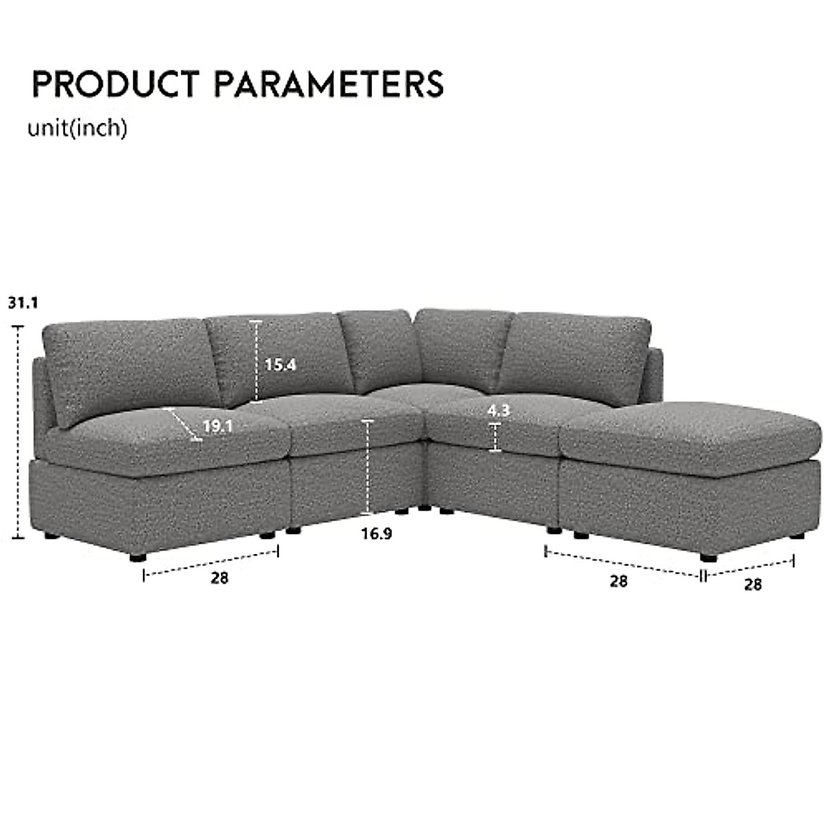 PayLessHere L shaped Sofa Couch Convertible Sofa 4-Seat Sofa Modular Sectional Sofa Couch for Living Room Bedroom Office,Gray