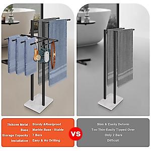 HarJue Towel Rack for Bathroom, 34” H Towel Holder Stand with 7 Bar, Bath Towel Sheet Holder with Marble Base, Standing Towel Rack for Home Pool Outdoor Floor, Store Family Member Towel (Black)