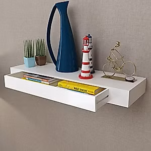 loibinfen 1pcs MDF Floating Wall Display Shelf with Storage Drawer Wall Mounted Book DVD Storage Shelf for Living Room Home Office 31.5"x9.8"x3.15", White